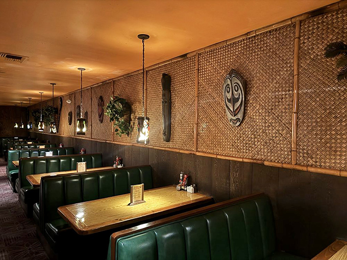 Green leather booths against woven bamboo walls create the perfect backdrop for both first dates and fortieth anniversaries.