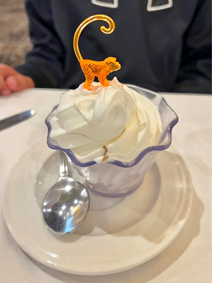 Ice cream with a whimsical monkey garnish—because after conquering Mount Chicken, you deserve a playful finish to your feast.