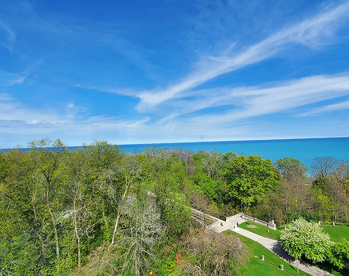 From this elevated perch, Lake Michigan stretches endlessly, making you question whether you're still in the Midwest.