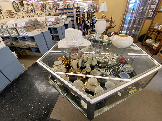 A display case that doubles as a portal to grandma's kitchen. Those sunshine-yellow dishes would brighten even Monday morning coffee.