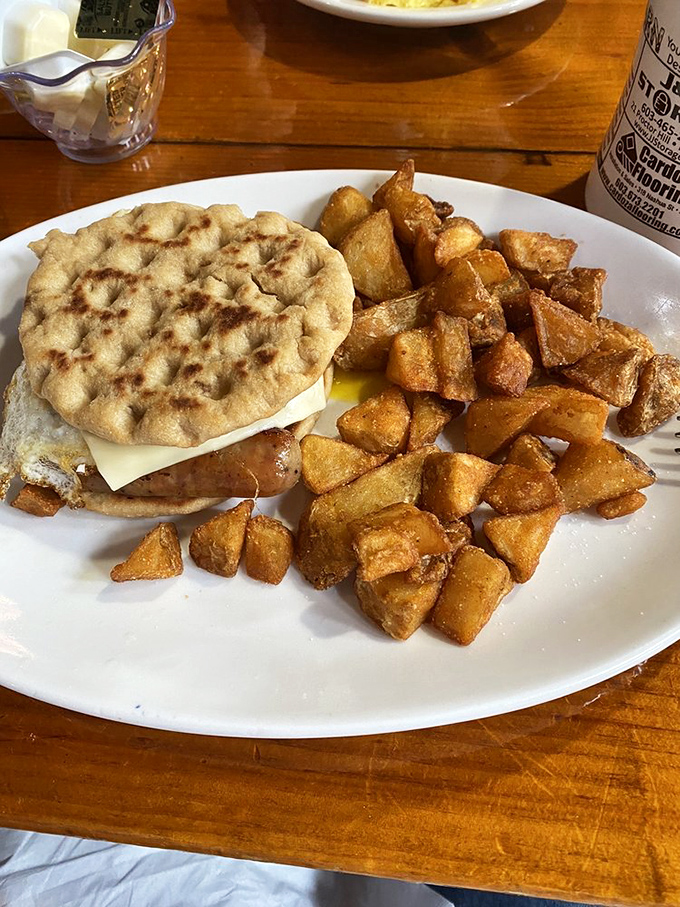 The waffle breakfast sandwich&mdash;where maple country meets innovation in a handheld masterpiece of morning engineering.