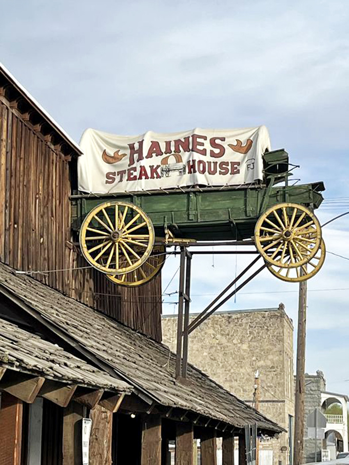 Not all who wander are lost&mdash;some are just following this wagon sign to prime rib paradise at the Haines Steak House.