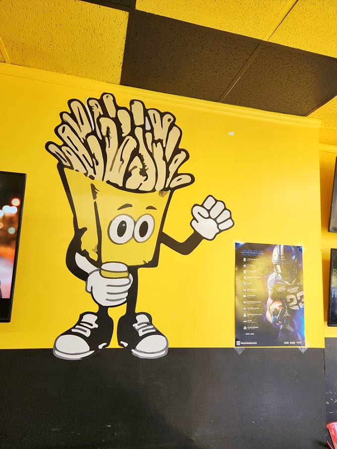The cartoon fry mascot watches over diners like a potato guardian angel, promising delicious decisions ahead.