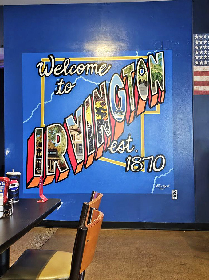 That "Welcome to Irvington" mural isn't just wall decoration&mdash;it's a promise. You're about to experience a taste of local pride served between two buns.