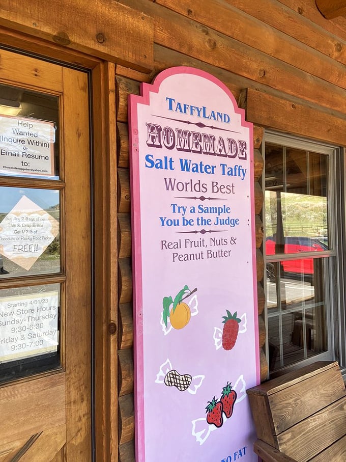 The "Taffyland" sign promises homemade salt water taffy with real fruit and nuts &ndash; a bold claim they absolutely deliver on.