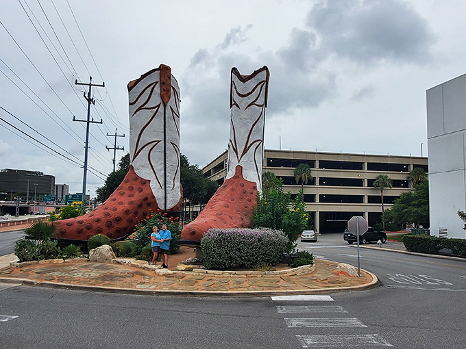 Shoppers casually drive past as if giant footwear is just another Tuesday in Texas. For locals, extraordinary becomes ordinary.