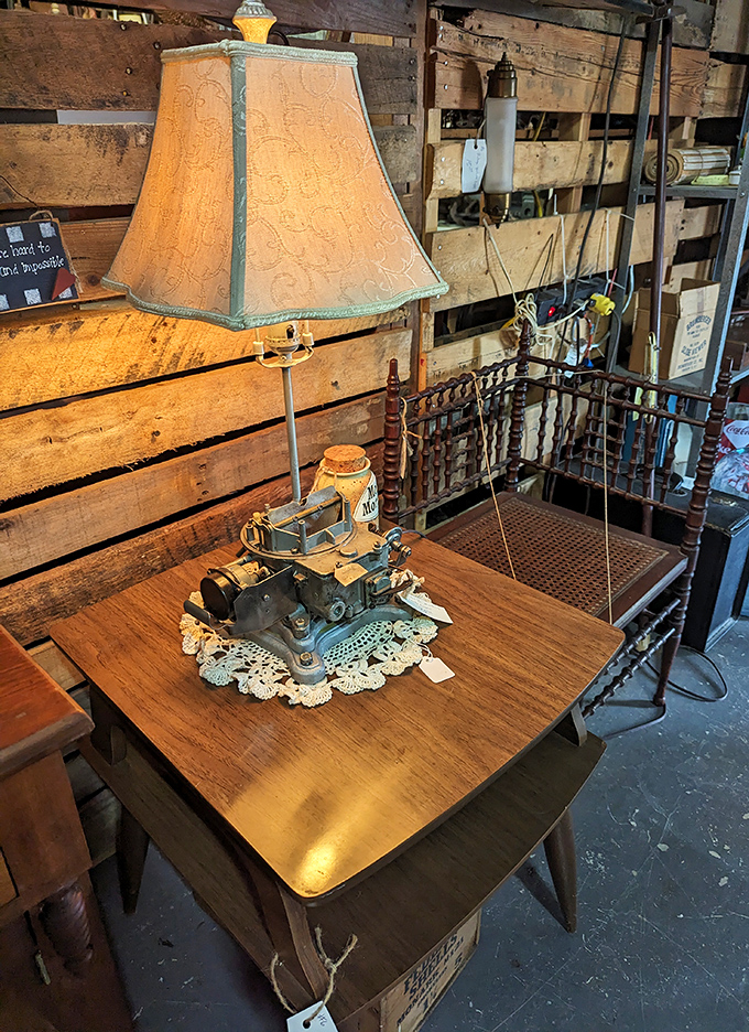 A lamp crafted from vintage machinery parts—proving that yesterday's carburetor is today's conversation piece.