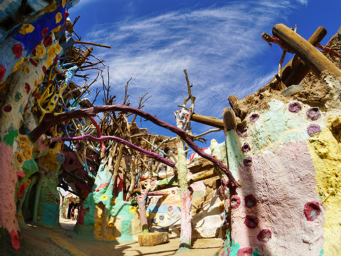 Step inside a kaleidoscope. These painted archways and branches create a fantastical forest where desert meets dreamscape.