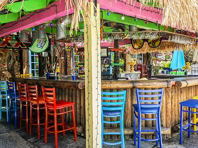 The outdoor bar bursts with color like a pi&ntilde;ata exploded and turned into furniture&mdash;exactly where you want to sip something cold on a hot day.