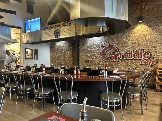 The counter seating offers front-row tickets to the greatest breakfast show on earth, complete with sizzling sound effects.