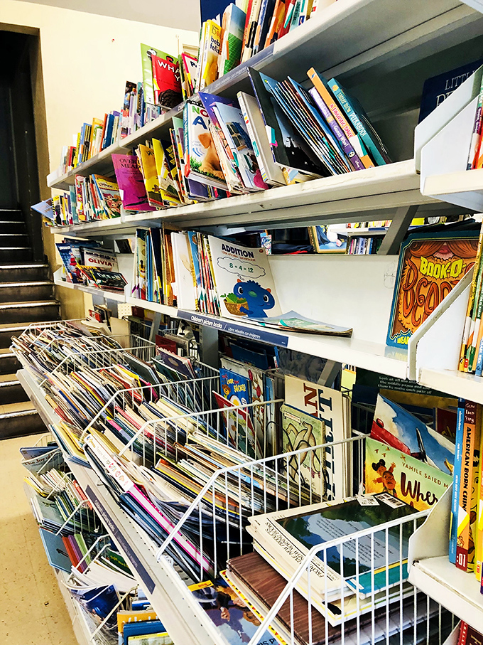 The children's book section: where literary nostalgia hits harder than your morning coffee. Spot the exact same "Addition" workbook you once doodled in.