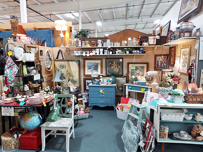 This carefully curated booth transforms ordinary furniture into storytelling pieces, where painted dressers become the main characters. 