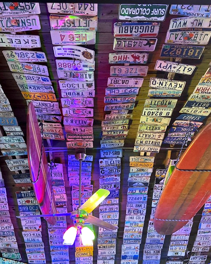 The ceiling that launched a thousand road trips. Each license plate represents someone who found their way to this slice of Florida heaven.