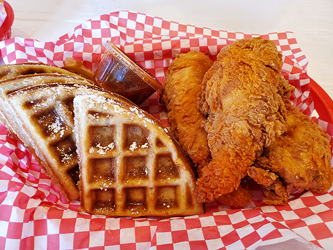 The breakfast-dinner mashup of your dreams: golden waffles playing sweet counterpoint to savory, crispy chicken&mdash;with maple syrup as mediator.