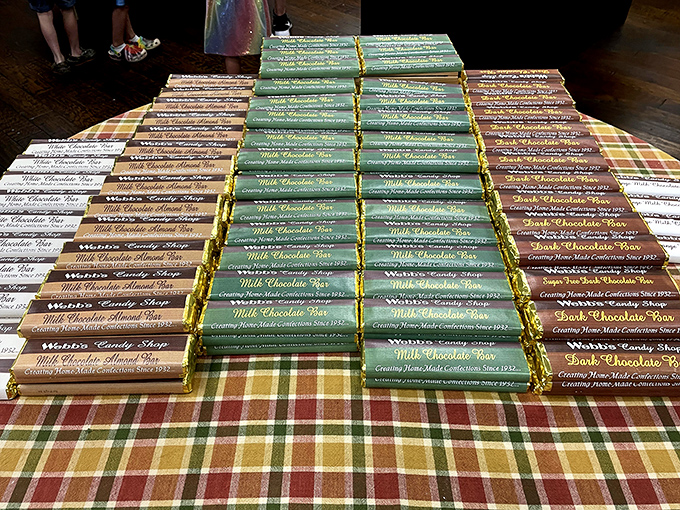 Chocolate bars stacked with military precision in milk, dark, and mint varieties&mdash;the hardest decision you'll make all day is which to choose.