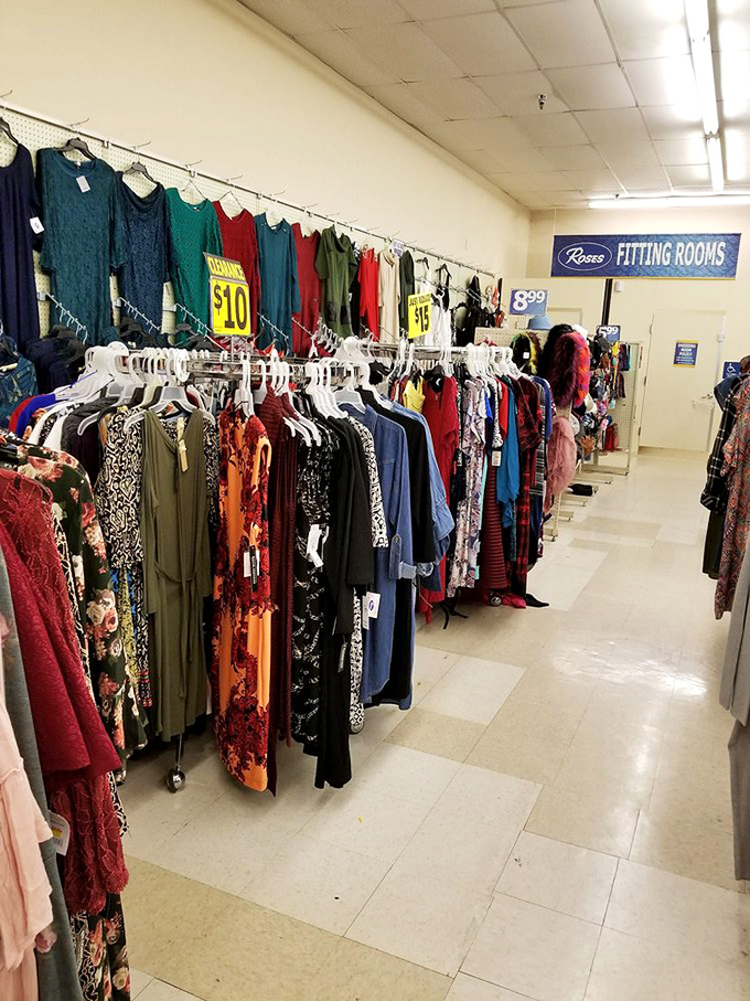 Fashion finds that won't break the bank. The fitting rooms sign is less a suggestion and more a final destination after hours of browsing.