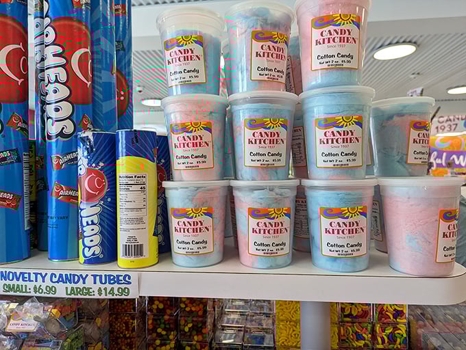 Cotton candy containers promising the ephemeral joy of spun sugar without the sticky fingers and beach sand.