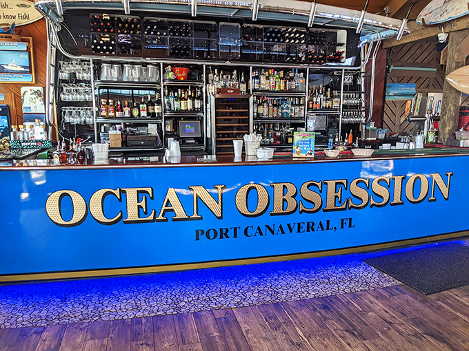 "Ocean Obsession" isn't just a bar name&mdash;it's a diagnosis for anyone who's tasted their seafood. The impressive bottle collection suggests they've found many cures.