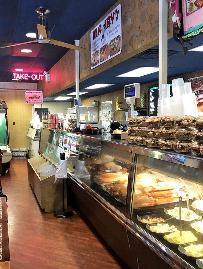 The take-out counter showcases a treasure trove of deli delights. Like the Library of Congress, but with more whitefish salad and bagels.