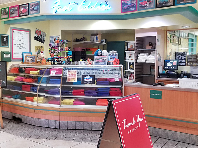 The counter area showcases classic diner charm where every detail contributes to that perfect nostalgic dining atmosphere.