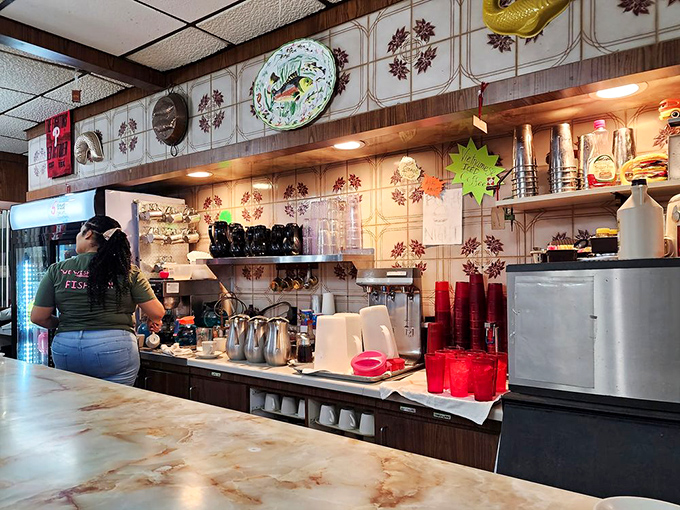 The counter area&mdash;where breakfast magic happens. That vintage tile backsplash has witnessed more morning revelations than a therapist's couch.