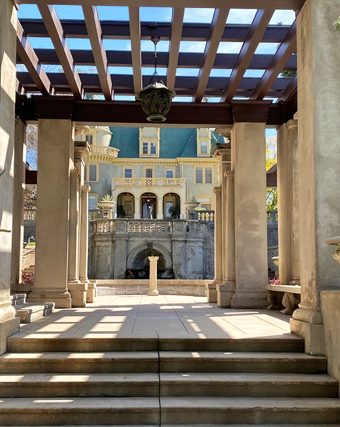 Looking through these classical columns toward the mansion creates a frame-worthy view that Instagram filters can't improve upon.