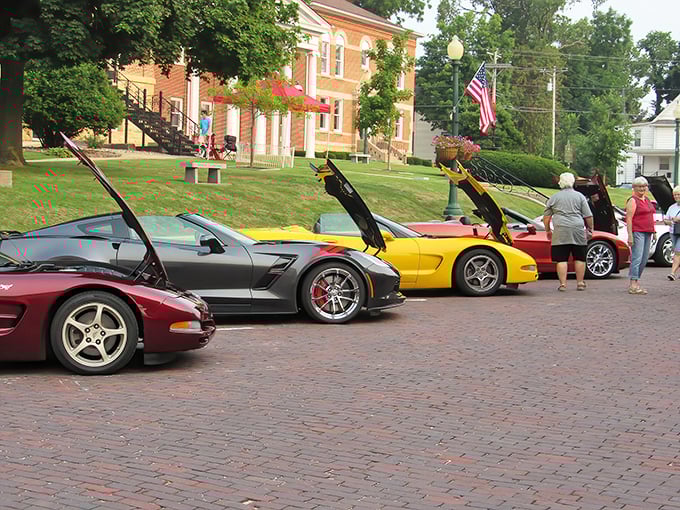 Corvettes meet cobblestones in this delightful clash of eras. Car shows in Mount Carroll bring modern muscle to streets built for horse and buggy.