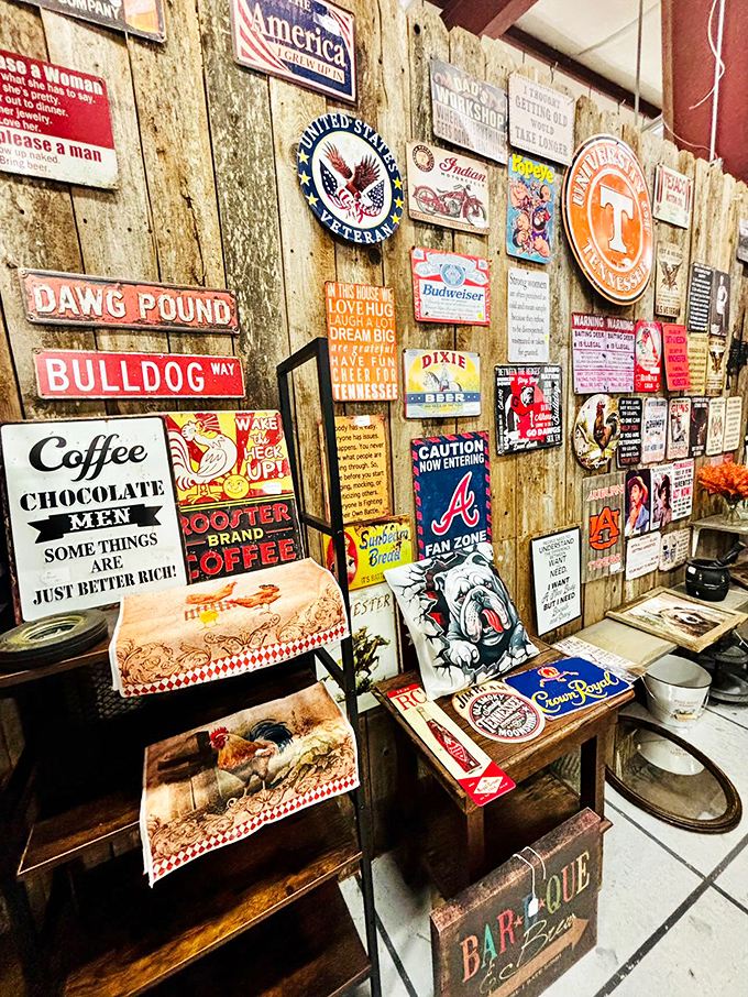 Georgia sports fans' paradise! Bulldogs, Yellow Jackets, and Braves memorabilia creating a wall of hometown pride and friendly rivalries.