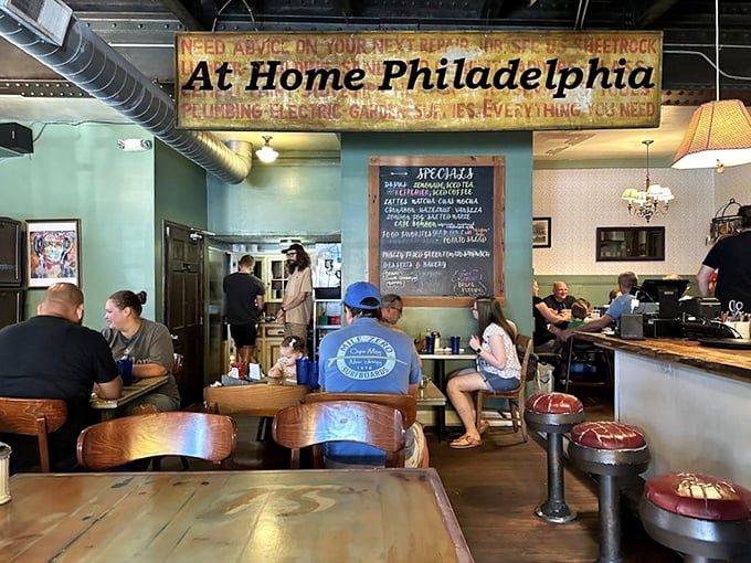 The dining room's vintage sign reminds you that Honey's isn't just a restaurant&mdash;it's a neighborhood institution where food and community converge.