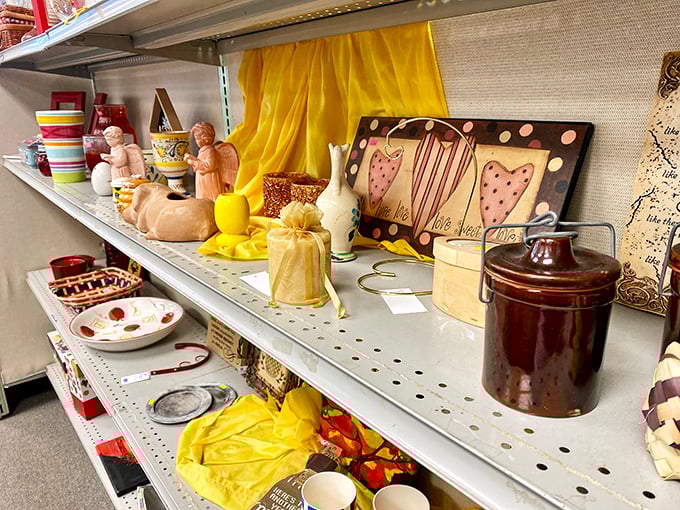 Home d&eacute;cor that spans from "grandma chic" to "modern farmhouse"&mdash;ceramic figurines sharing shelf space with minimalist vases in perfect retail harmony.