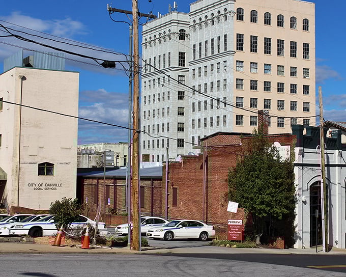 Danville's downtown skyline surprises with its architectural ambition, where this white tower stands as a beacon of mid-century optimism amid historic surroundings.