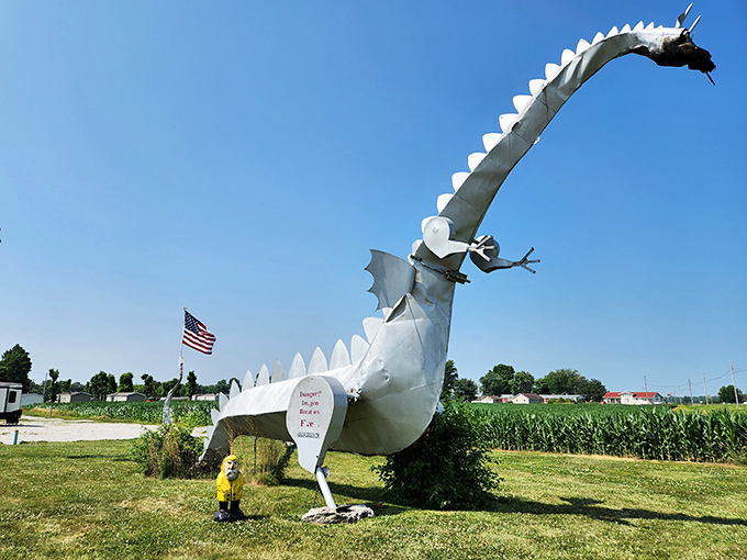 The dragon's impressive scale becomes apparent when viewed from this angle, its serpentine form dominating the rural landscape.