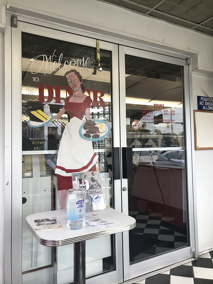 Step through these doors and leave your diet resolutions in the parking lot. That painted server has seen it all and still keeps smiling.