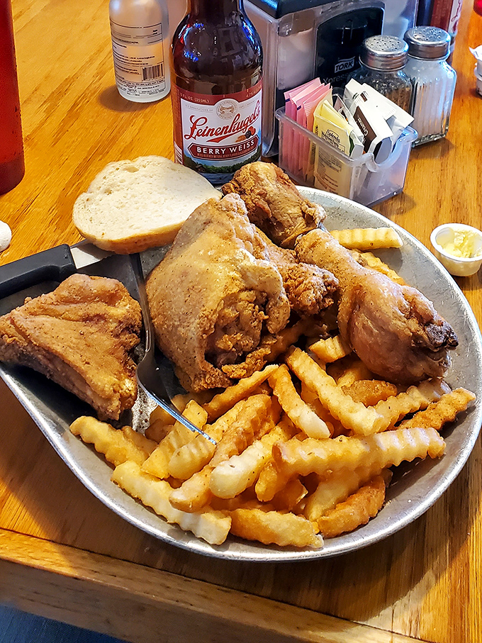 Fried chicken with crinkle-cut fries and bread—a plate that says "Welcome home" even if you've never been to Leonore before.