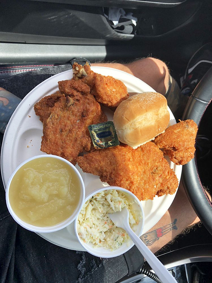 Fried chicken dinner with all the fixings—bringing back memories of Sunday suppers but with zero dishes to wash afterward.