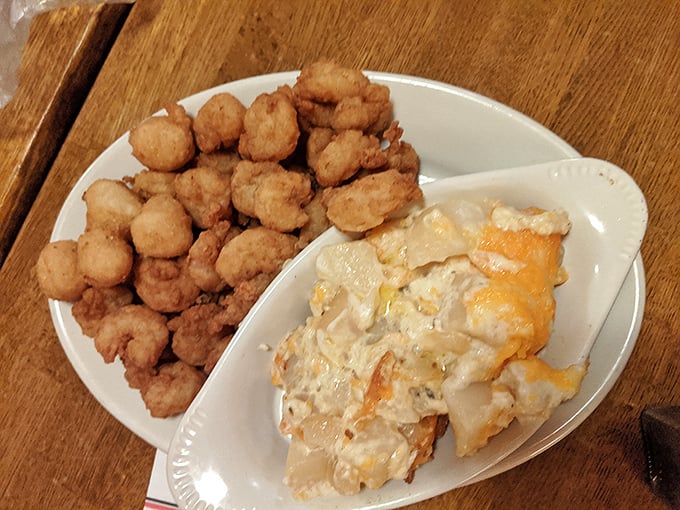 Fried shrimp and creamy sides that remind you why simple food, done perfectly, will always outshine trendy culinary gymnastics. Comfort on a plate. 