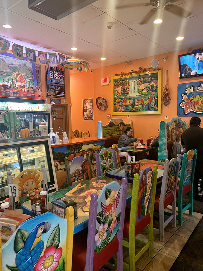 Every inch of wall space tells a story, while the hand-painted chairs invite you to pull up a seat and create your own.