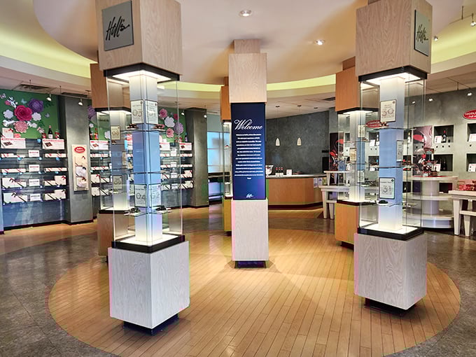 The circular wooden floor creates a stage where chocolate is the star performer and customers become willing audience members.