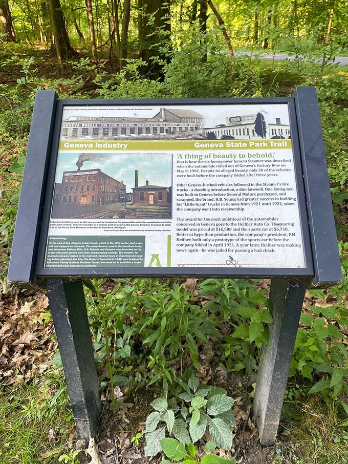 History stands still on this trail marker, telling tales of Geneva's industrial past when automobiles, not tourists, were the town's main export.