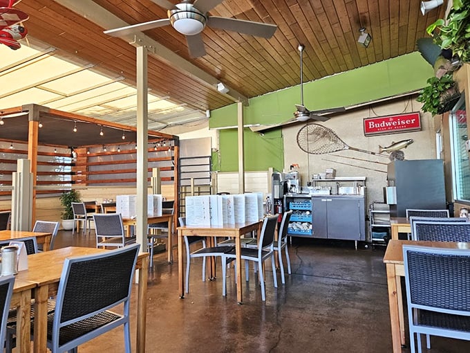 Wooden ceiling, natural light, and thoughtful spacing between tables&mdash;someone designed this place understanding that comfort enhances flavor.
