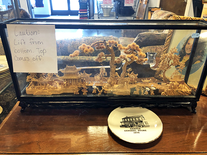 An intricate carved scene under glass&mdash;part conversation piece, part time capsule. The kind of find that makes thrift store devotees do their happy dance right in the aisle.