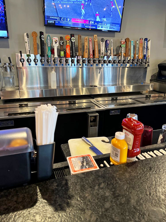 Beer taps lined up like soldiers ready for duty &ndash; a diverse army of craft brews waiting to complement whatever burger masterpiece you choose.