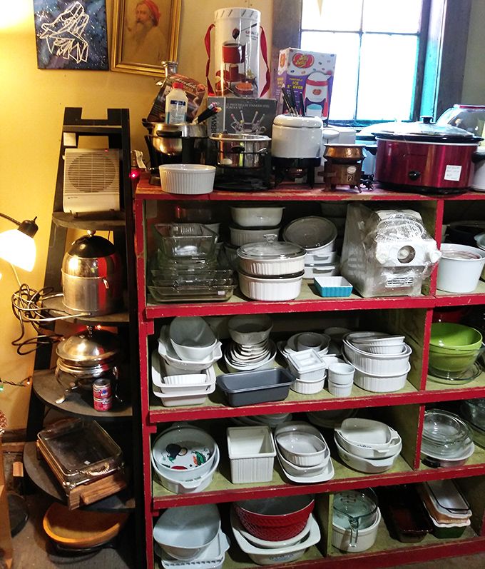 The kitchenware section: where slow cookers from three decades gather like a support group for appliances ready for their comeback tour.