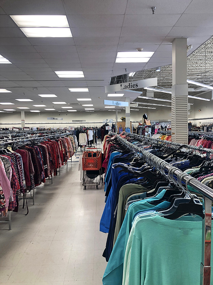 The ladies' clothing section stretches to the horizon. A sea of potential outfits where fashion treasures hide in plain sight.