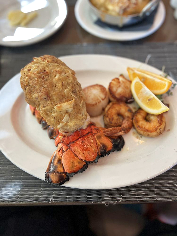 The seafood tower of your dreams&mdash;lobster tail, scallops, and shrimp arranged like treasures from Neptune's personal collection.