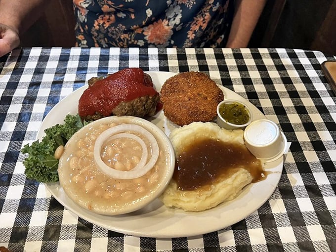 The famous meatloaf shares the spotlight with beans and potatoes in a meal that's less about eating and more about experiencing pure contentment.