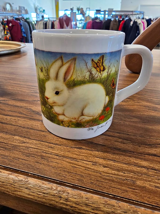 This bunny mug has seen things. Possibly coffee, possibly tea, definitely a journey from someone else's cabinet to potentially yours.