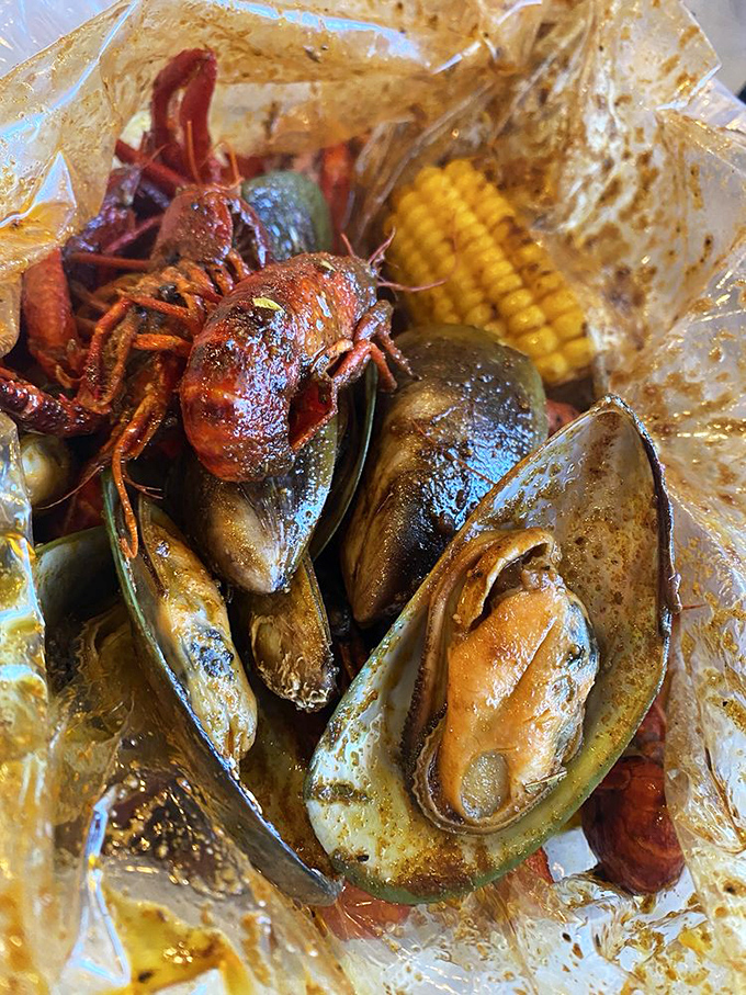 A seafood medley where mussels and crawfish play the starring roles. That corn isn't just along for the ride&mdash;it's soaking up the flavor symphony.