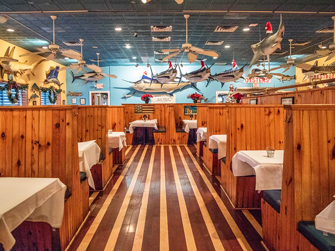 The striped wooden floor leads you through a sea of mounted fish—like walking through an underwater hall of fame.