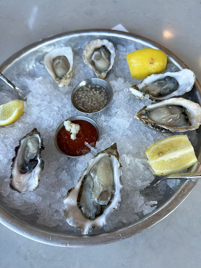 Oysters arranged like a clock face of briny delights, with lemon wedges standing by for their supporting role in this slurp-worthy drama.